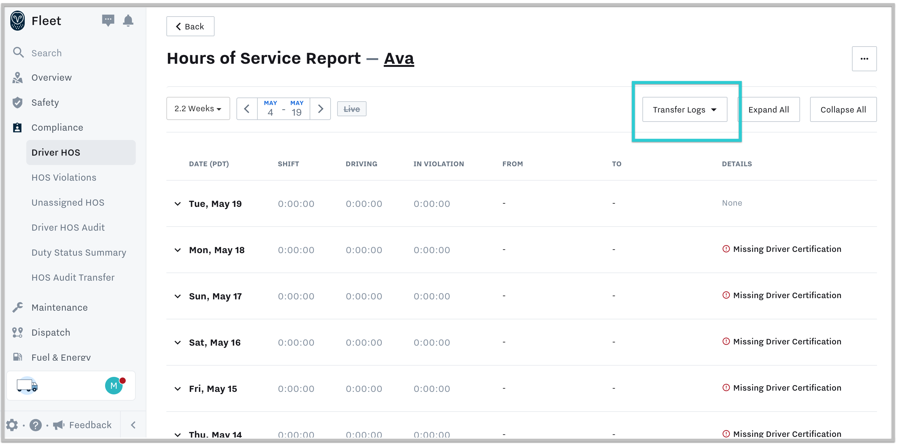 Transfer Logs for an In-House Audit – Samsara Support