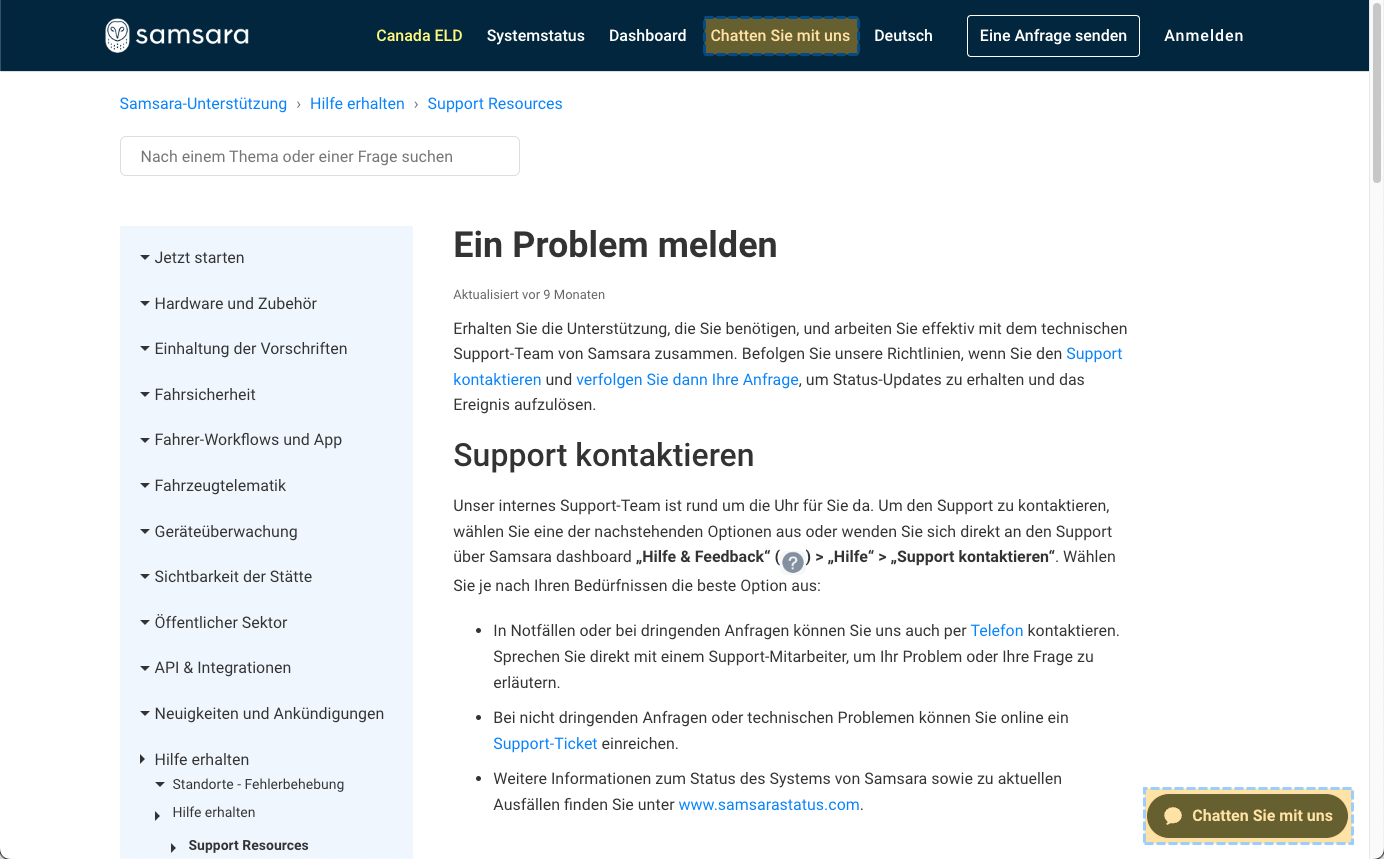 Ein Problem melden – Samsara-Unterstützung