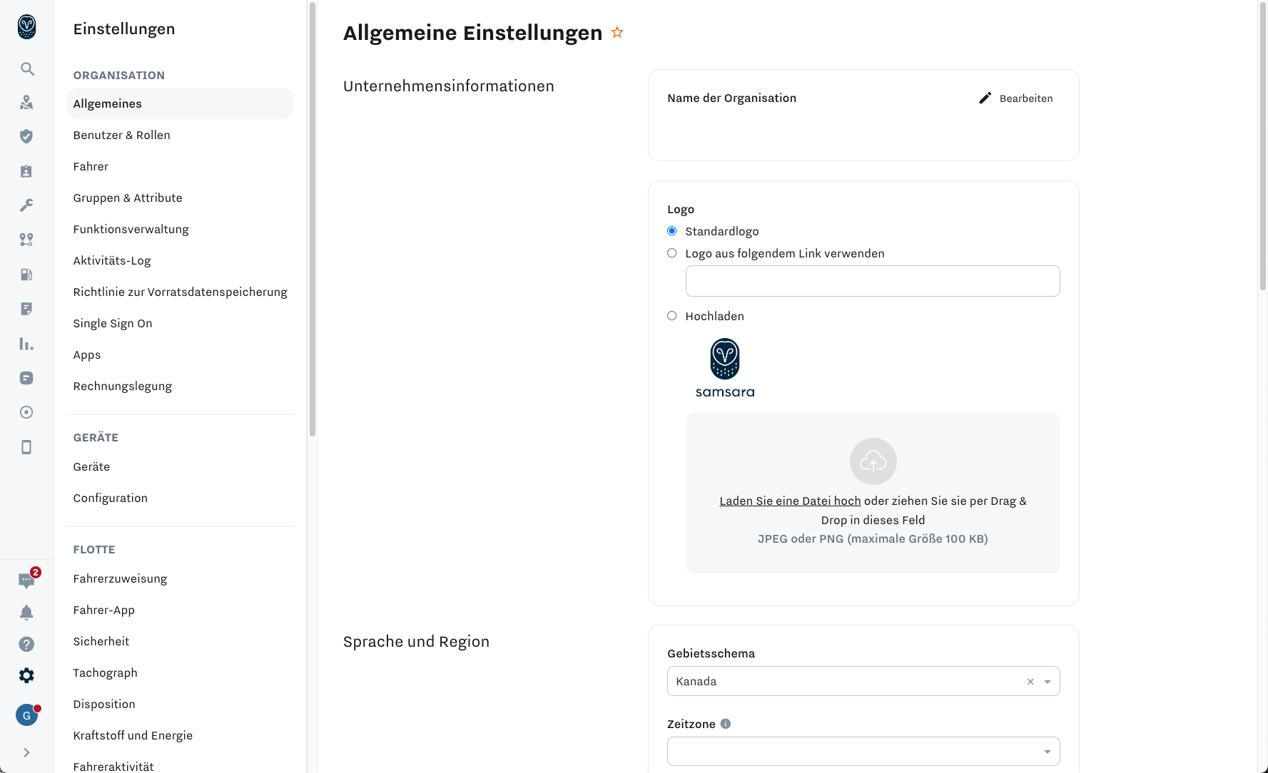 Dashboard-Menüs – Samsara-Unterstützung
