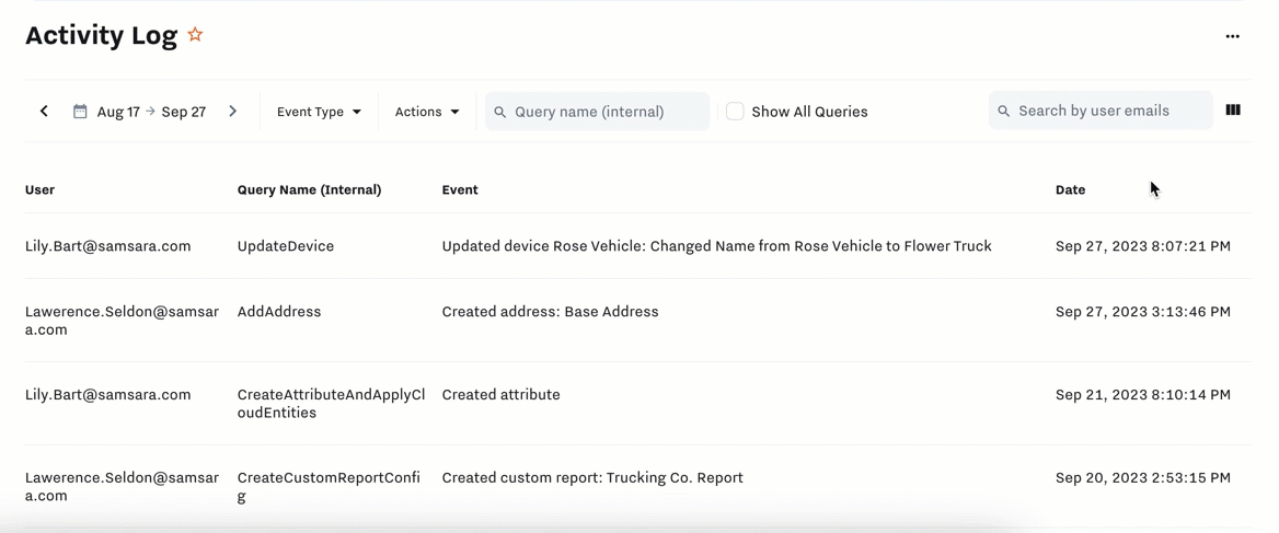 Dashboard Activity Log – Samsara Support